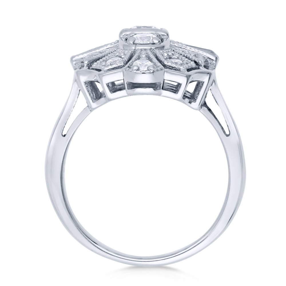 BERRICLE Sterling Silver Art Deco Cubic Zirconia CZ Statement Milgrain Cocktail Fashion Ring for Women, Rhodium Plated Size 9