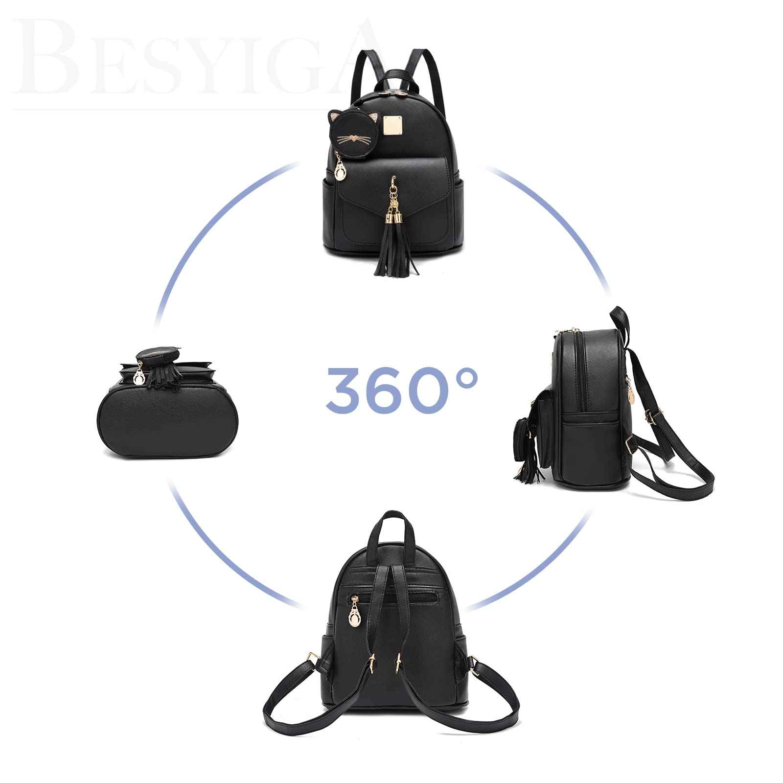 BESYIGA Women Cat Small Backpack 3PCS Leather Backpack Purse for Women Travel Satchel Little Backpack for Women Mini Backpack Purple