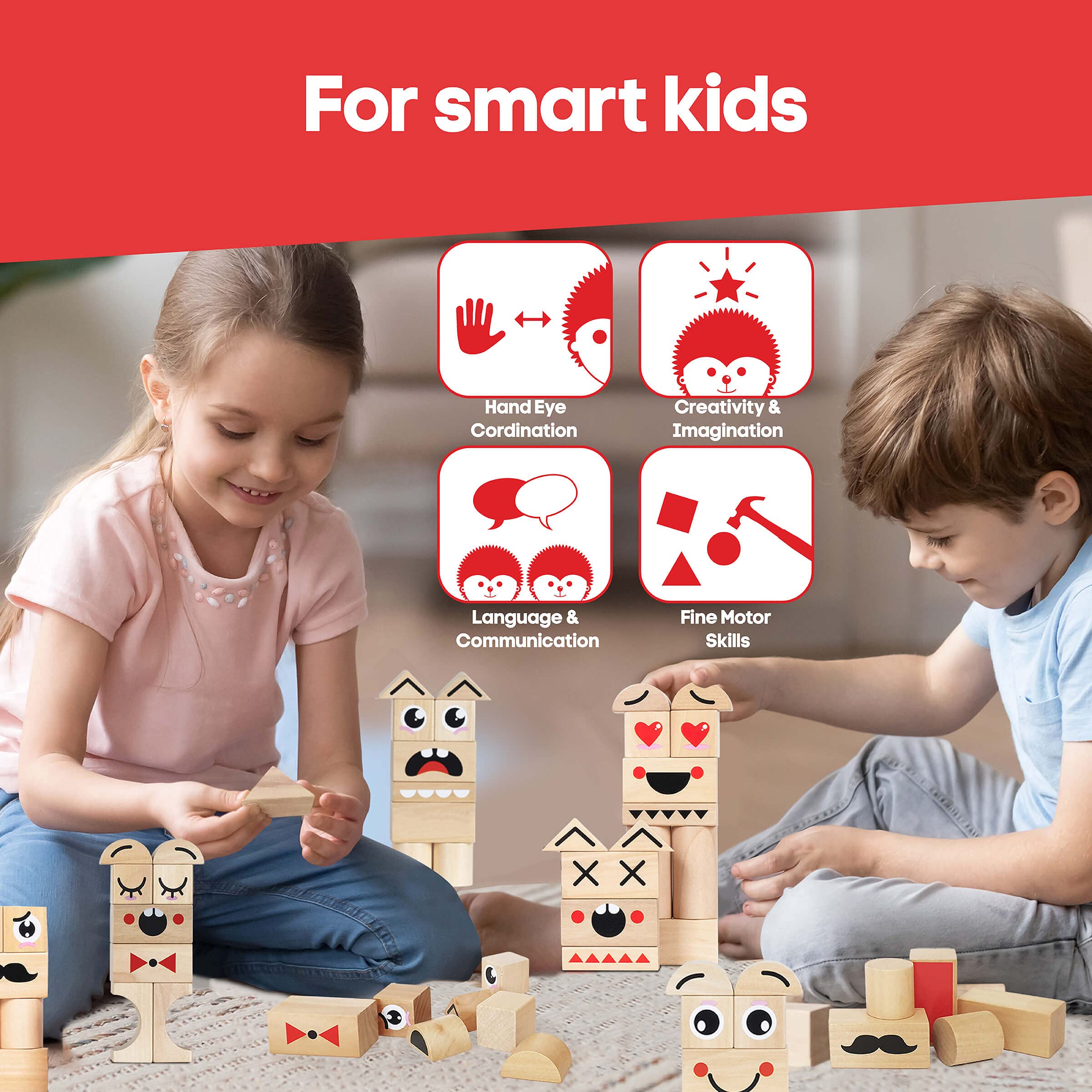 kipod Wooden Building Blocks Set for Kids (80Pcs) – Preschool Blocks Stacking Game – Construction and Matching for Emotional Development and Fine Motor Skills - Montessori Toy 2-8 Years