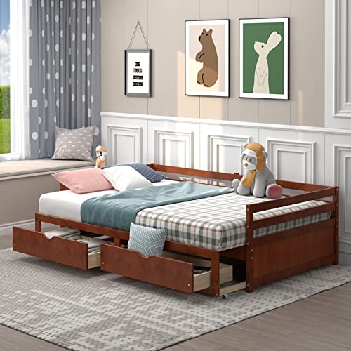 Giantex Extendable Daybed with Trundle and 2 Storage Drawers, Twin to King Daybed with Solid Wood Roll Out Bed Frame, Dual-use Modern Sofa Bed for Teens, Adults, Bedroom, Living Room (Cherry)