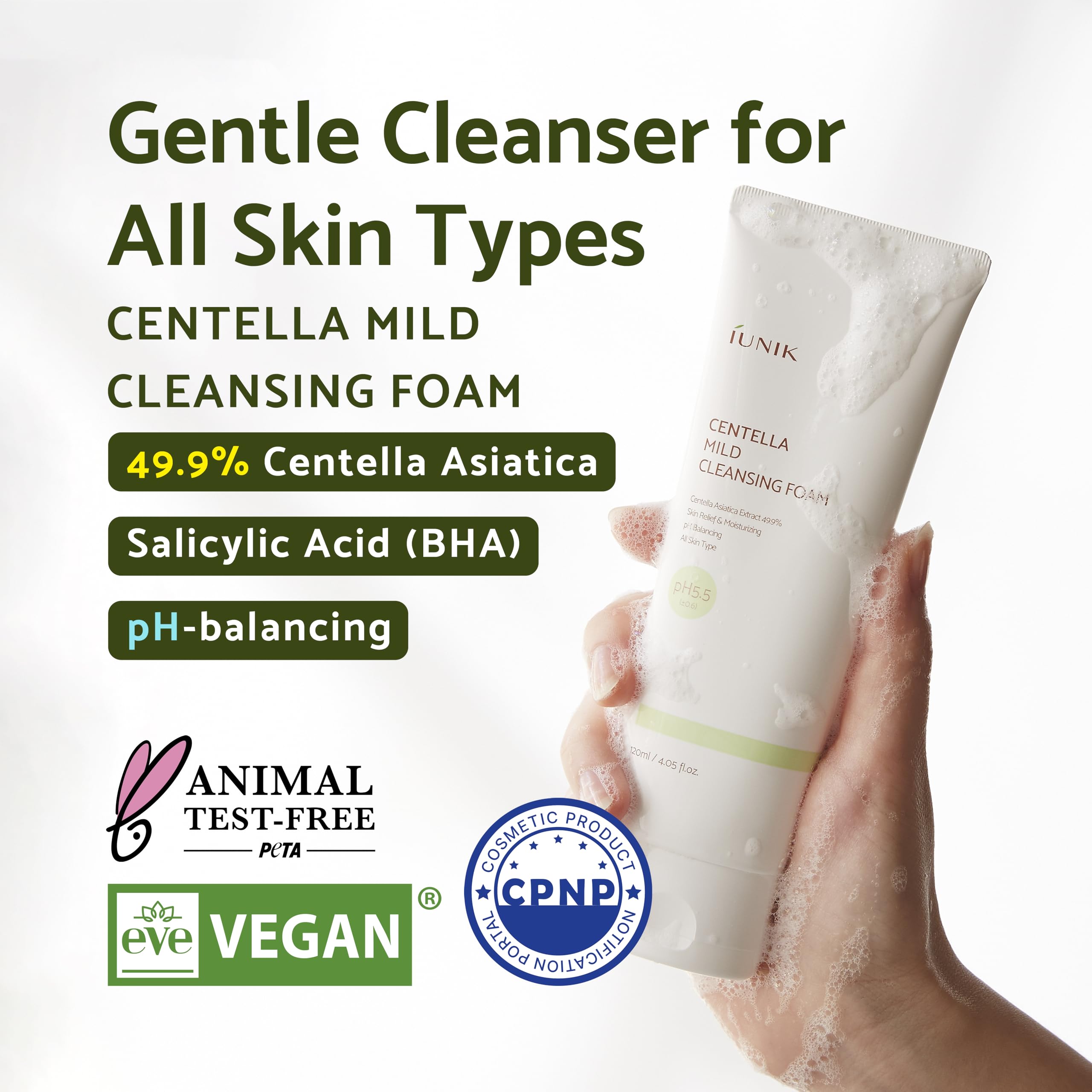 IUNIK Centella Mild Facial Foaming Cleanser - Non-stripping Sub-Acid w/Centella Asiatica 49% Moisturizing pH Balancing for Oily Dry Senstivie Acne-prone skin Vegan Korean Skincare