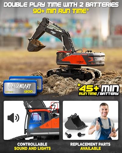 LAEGENDARY RC Excavator - Remote Control Excavator - Electric, Hobby-Grade Construction Vehicles - 1:14 Scale, Black - Red