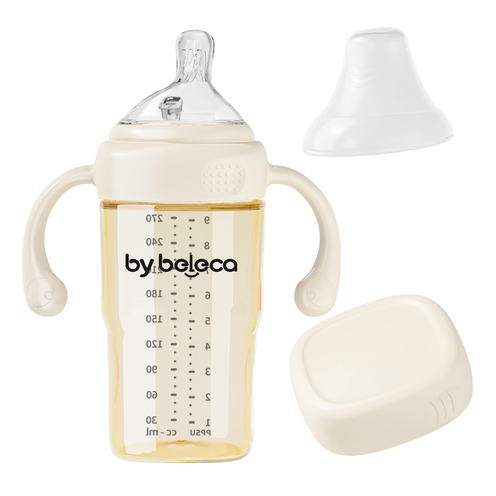 bybeleca PPSU Baby Bottle, Bottles for Newborn Babies with Medium Flow Cross-Cut Nipple, Anti Colic Bottles for Infant with Handles & Dust Cap & Flat lid, Milk Bottle for 6M+, 9oz./270ml, Beige