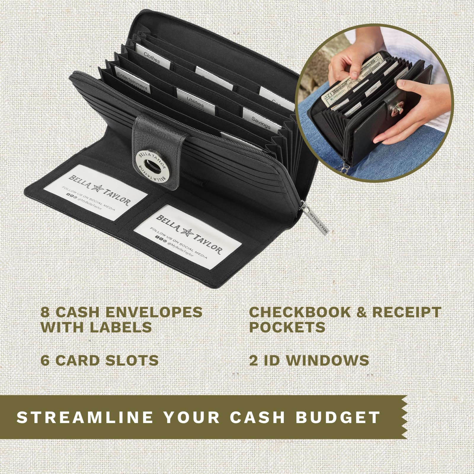 Bella Taylor RFID Wristlet Cash System Wallet for Cash Envelope Budgeting | Money Organizer Budget Wallet | Cash Stuffing Wallet | Genuine Black Leather