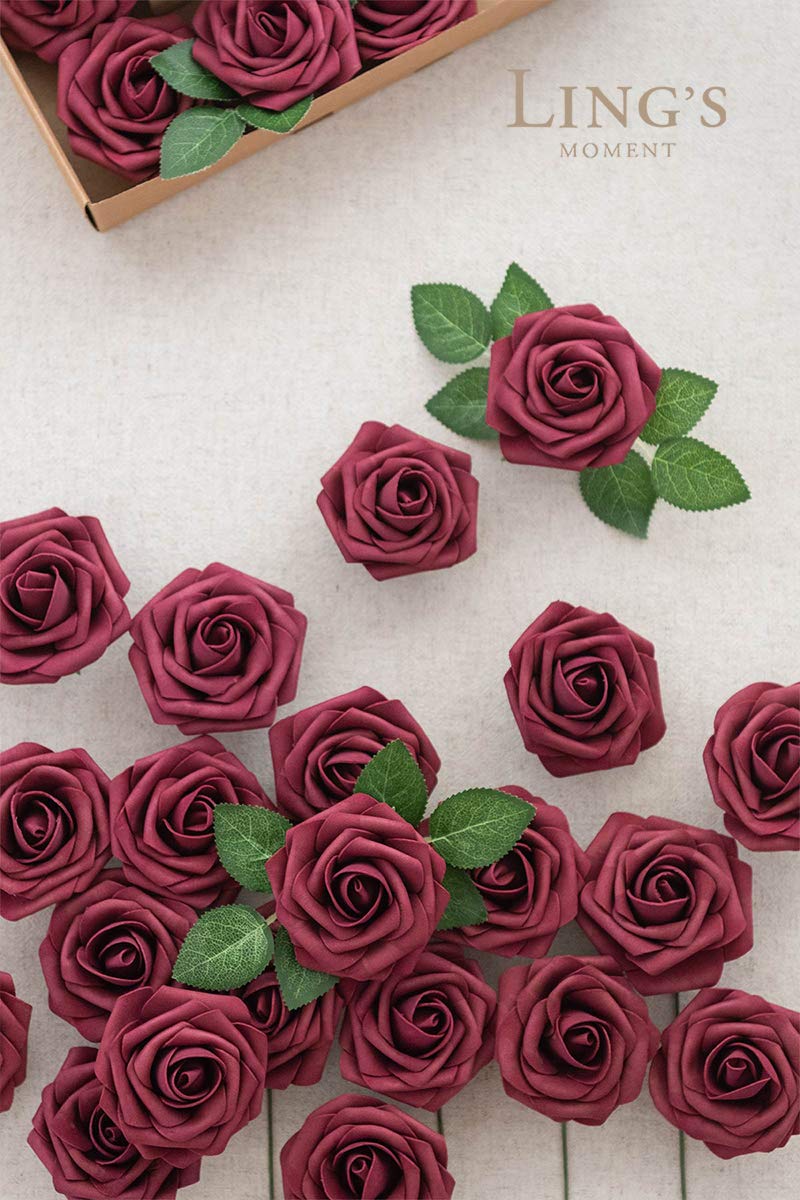Ling's Moment Artificial Flowers 25Pcs Burgundy Roses Decor w/Stems,3" Real Touch DIY Foam Floral for Wedding Bouquet/Centerpieces, Outdoors Party Backdrop, Room/Table, and Garden/Pot Decorations