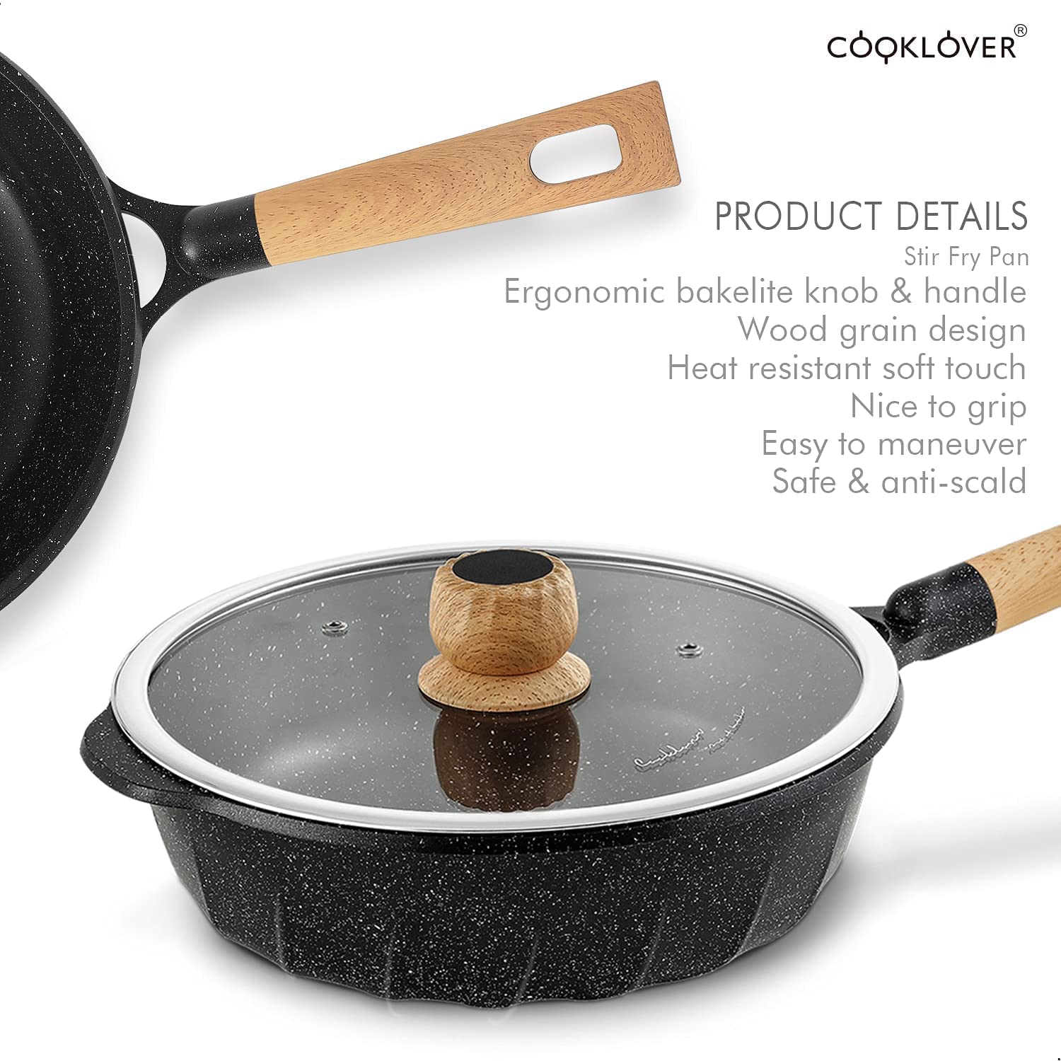 COOKLOVER Nonstick Induction Wok-12.6inch& 9.5 inch Nonstick Stir Fry Pan with Lid β Black