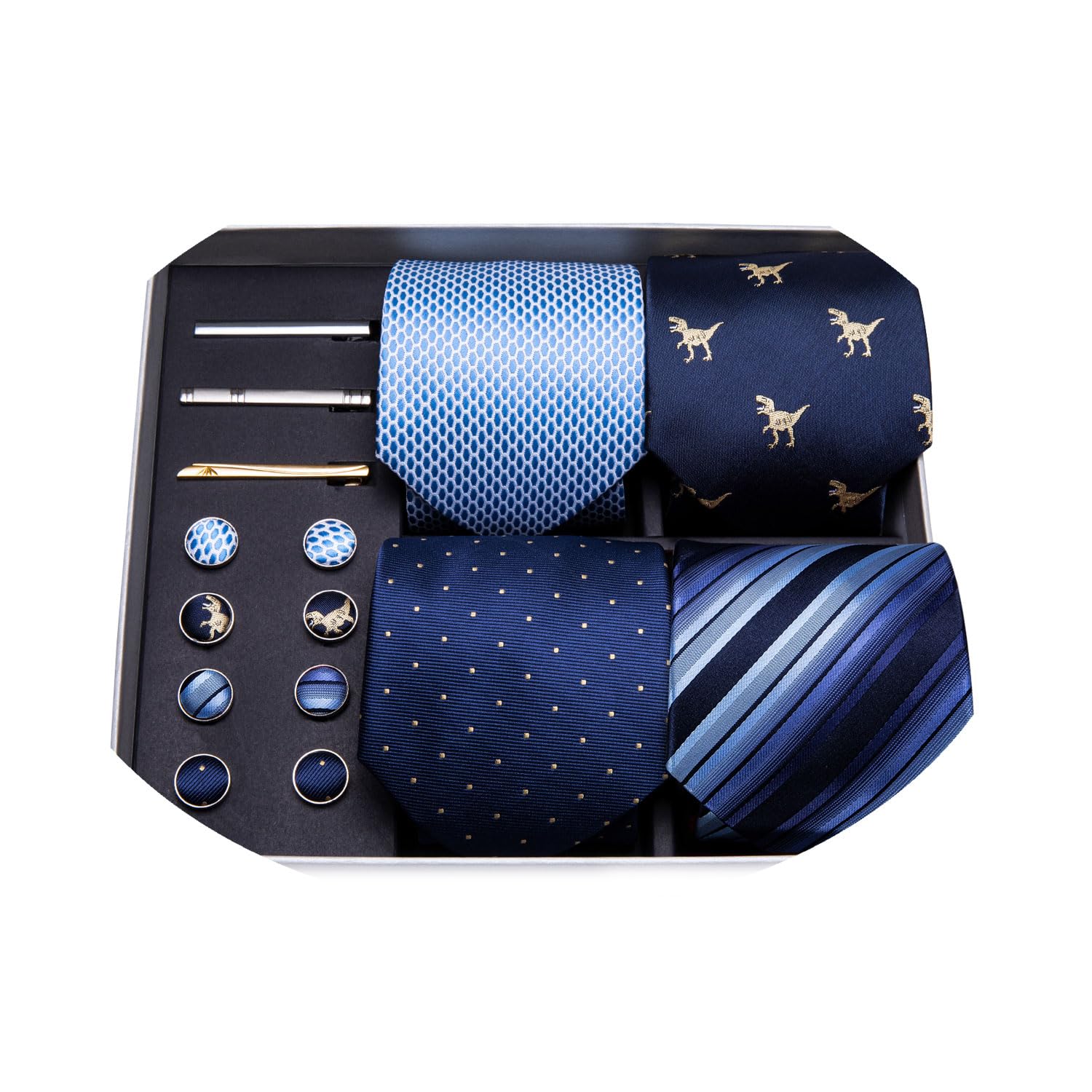 Barry.Wang Designer Blue Ties for Men Handkerchief Cufflink and Tie Clip Necktie Set Fashion