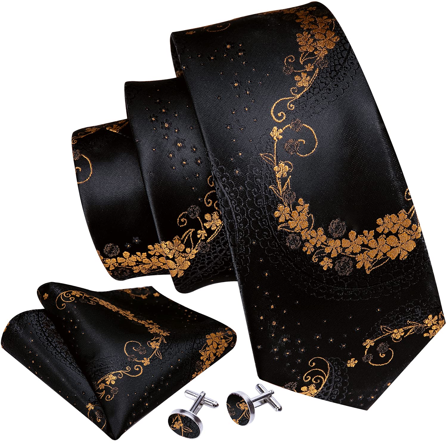 Barry.Wang Flower Ties for Men Handkerchief Cufflinks Set Wedding Necktie Set Party