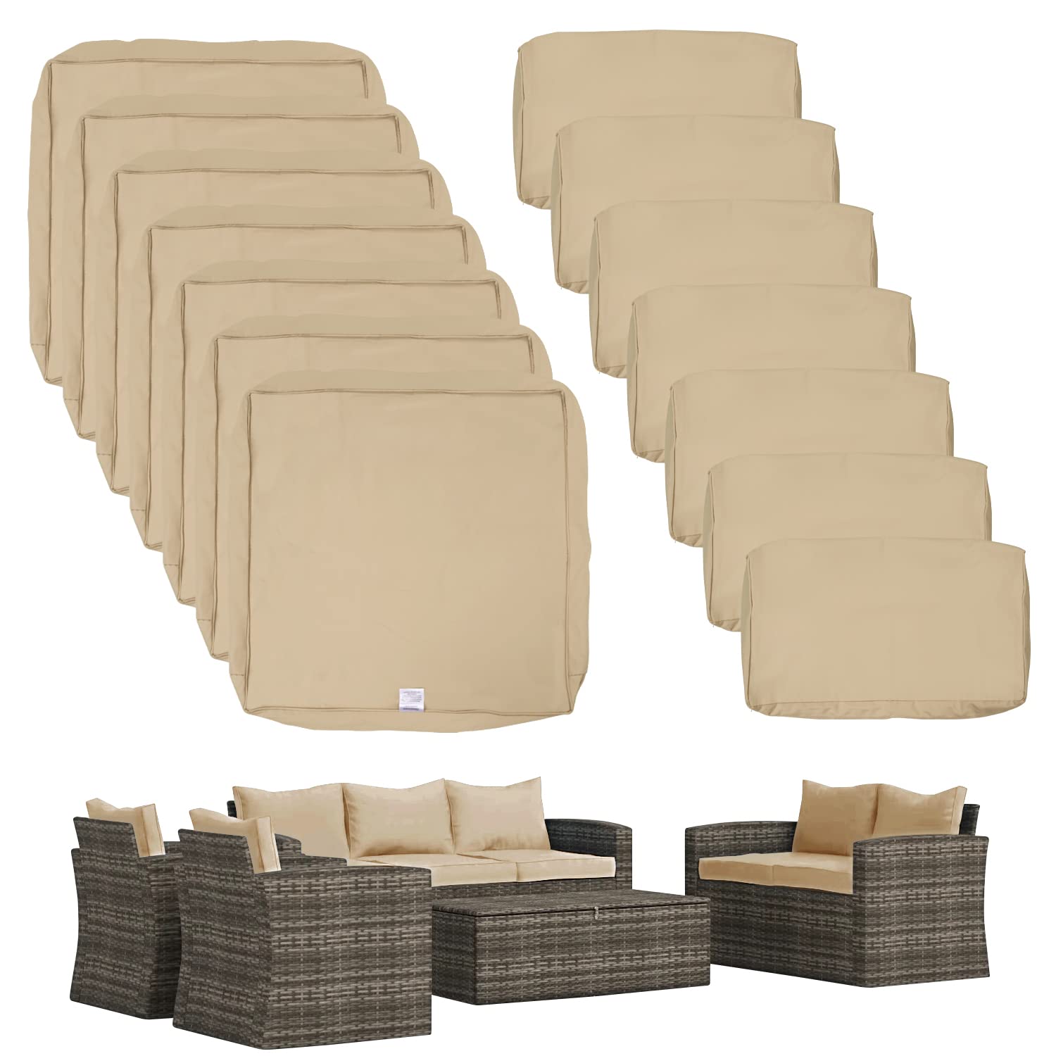ClawsCover 14Pack Outdoor Seat Cushions Back Pillow Replacement Covers Fit for 5 Pieces 7-Seater Wicker Rattan Patio Conversation Set Sectional Couch Chairs Furniture,Khaki-Cover Only