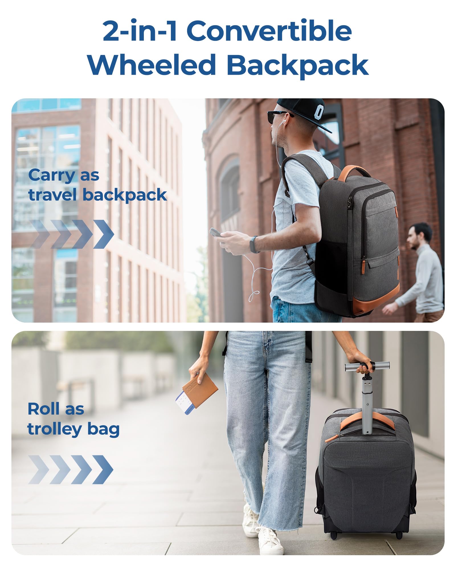 BAGSMART Rolling Travel Backpack, Water-Resistant Travel Laptop Backpacks with Wheels for Adults, 17 Inch Large Roller College Backpack Luggage Carry on with 2 Packing Cubes, Gray