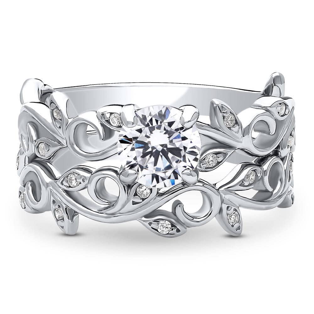 BERRICLE Sterling Silver Leaf Wedding Engagement Rings Cubic Zirconia CZ Solitaire Ring Set for Women, Rhodium Plated Size 7