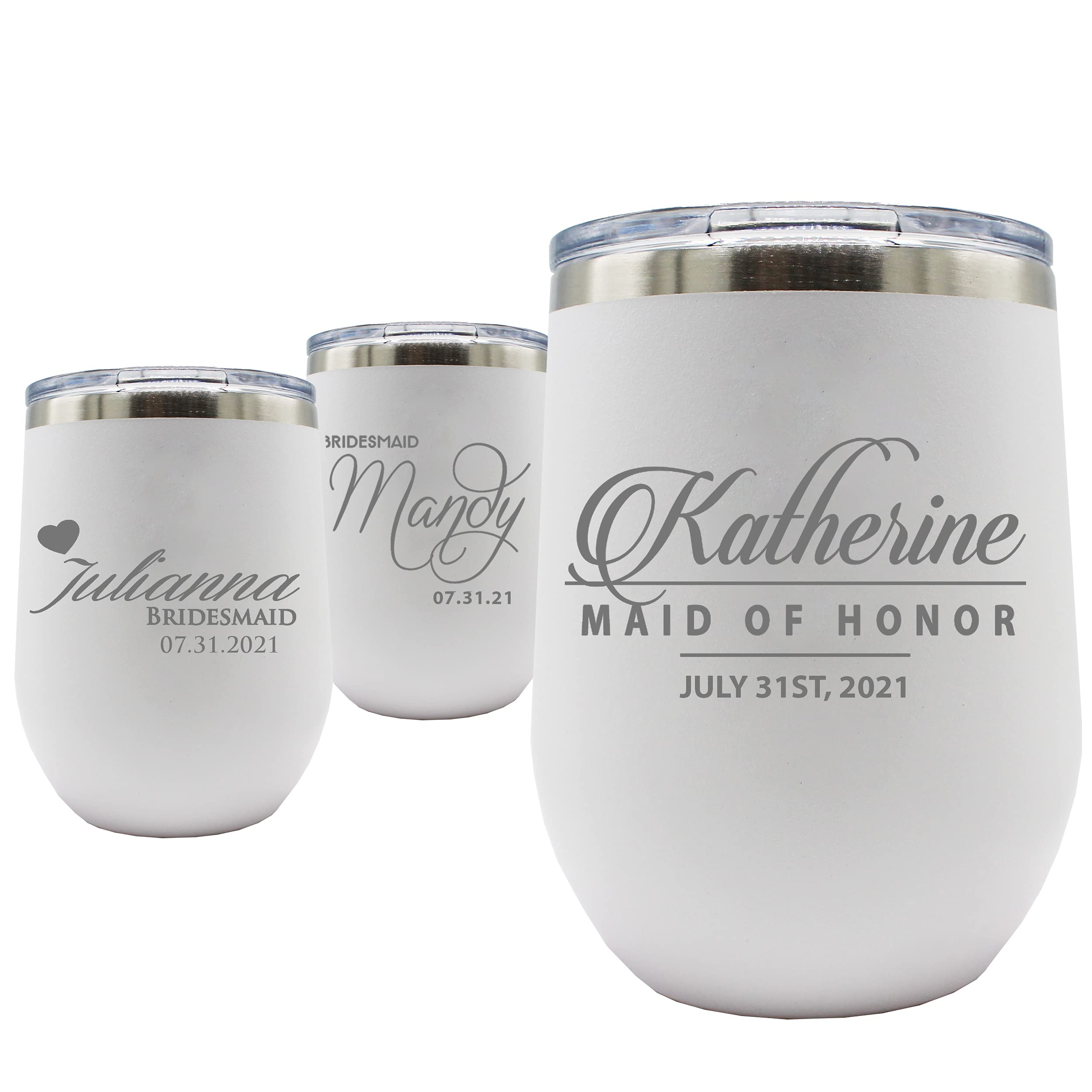 Bridesmaid Stemless Wine Tumbler - Custom Personalized 12 oz Insulated Stainless Steel Cup - Bride, Maid of Honor (White)