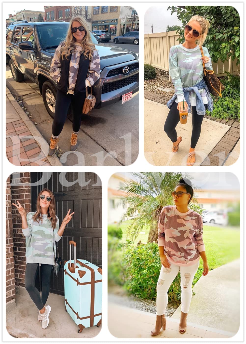 Barlver Women Casual Sweatshirts Fall Loose Lightweight Camouflage Long Sleeves Tops Cute Camo Crewneck Pullover green m