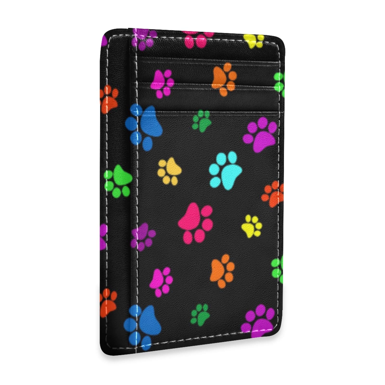 Linomo Thin leather Card Holder and Money Clip Colorful Dog Paw Print Wallet RFID Blocking for Men & Women