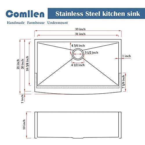 Comllen Commercial 33 Inch 304 Stainless Steel Farmhouse Sink, Single Bowl Kitchen Sink 16 Gauge 9 Inch Deep Handmade Undermount Kitchen Apron Sink Farm Sink