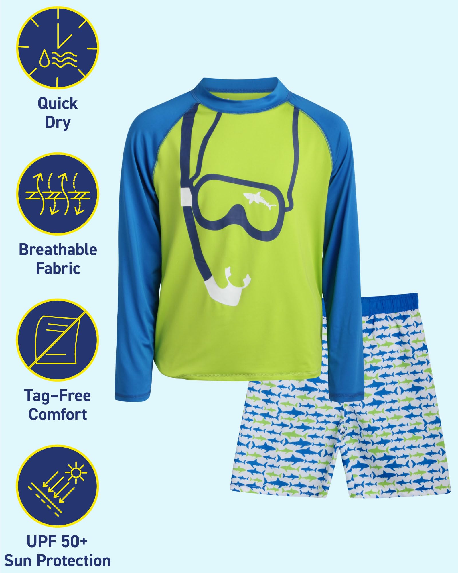 iXtreme Boys' Rash Guard Set - 4 Piece UPF 50+ Swim Trunks and Long Sleeve Swim Shirt (12M-14), Size 7, Royal/Black Shark