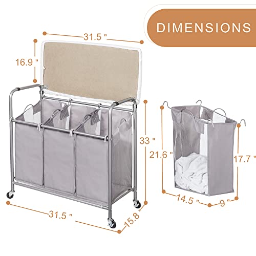 STORAGE MANIAC 3-Section Laundry Sorter with Foldable Ironing Board, Heavy-Duty Rolling Laundry Cart with and Removable Bags, Triple Laundry Hamper with Wheels, Laundry Sorter with Top Shelf, Grey