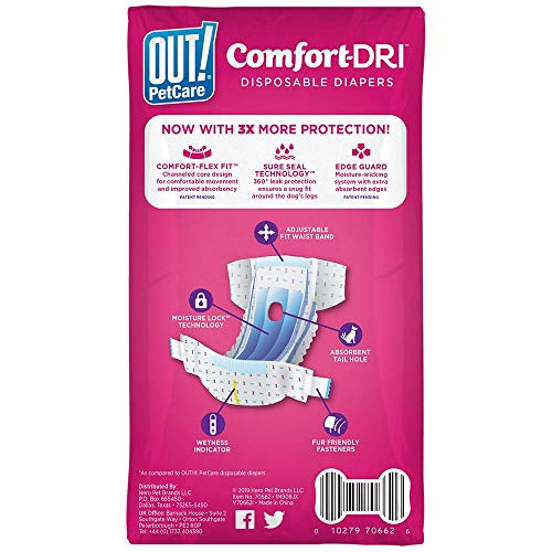 OUT! Pet Care Disposable Female Dog Diapers - Absorbent with Leak Proof Fit - XS/Small (Waist 13-18in) - 16 Count