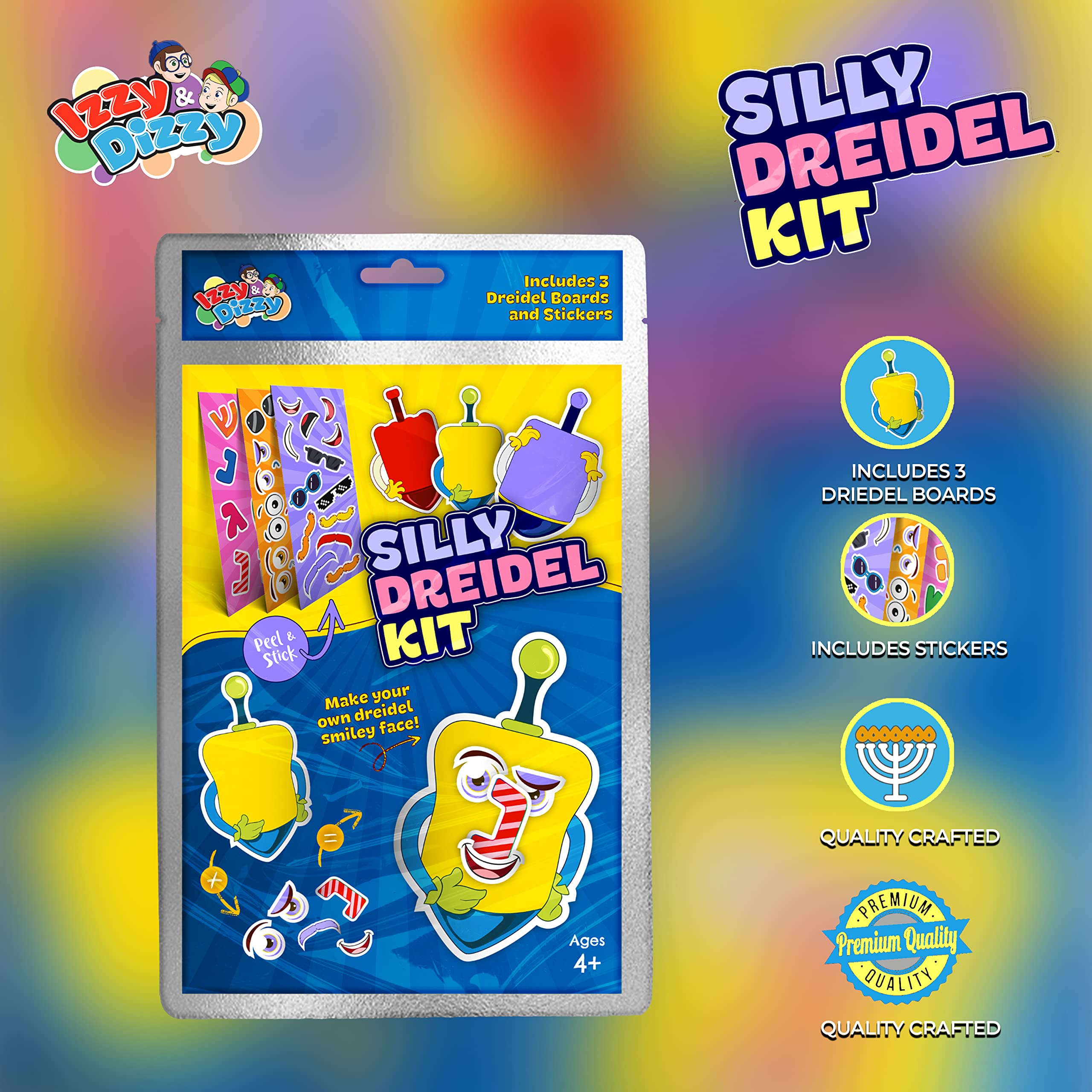 Izzy 'n' Dizzy Silly Dreidels - Includes 3 Dreidels Boards and Stickers - Hanukkah Arts and Crafts - Gifts and Games