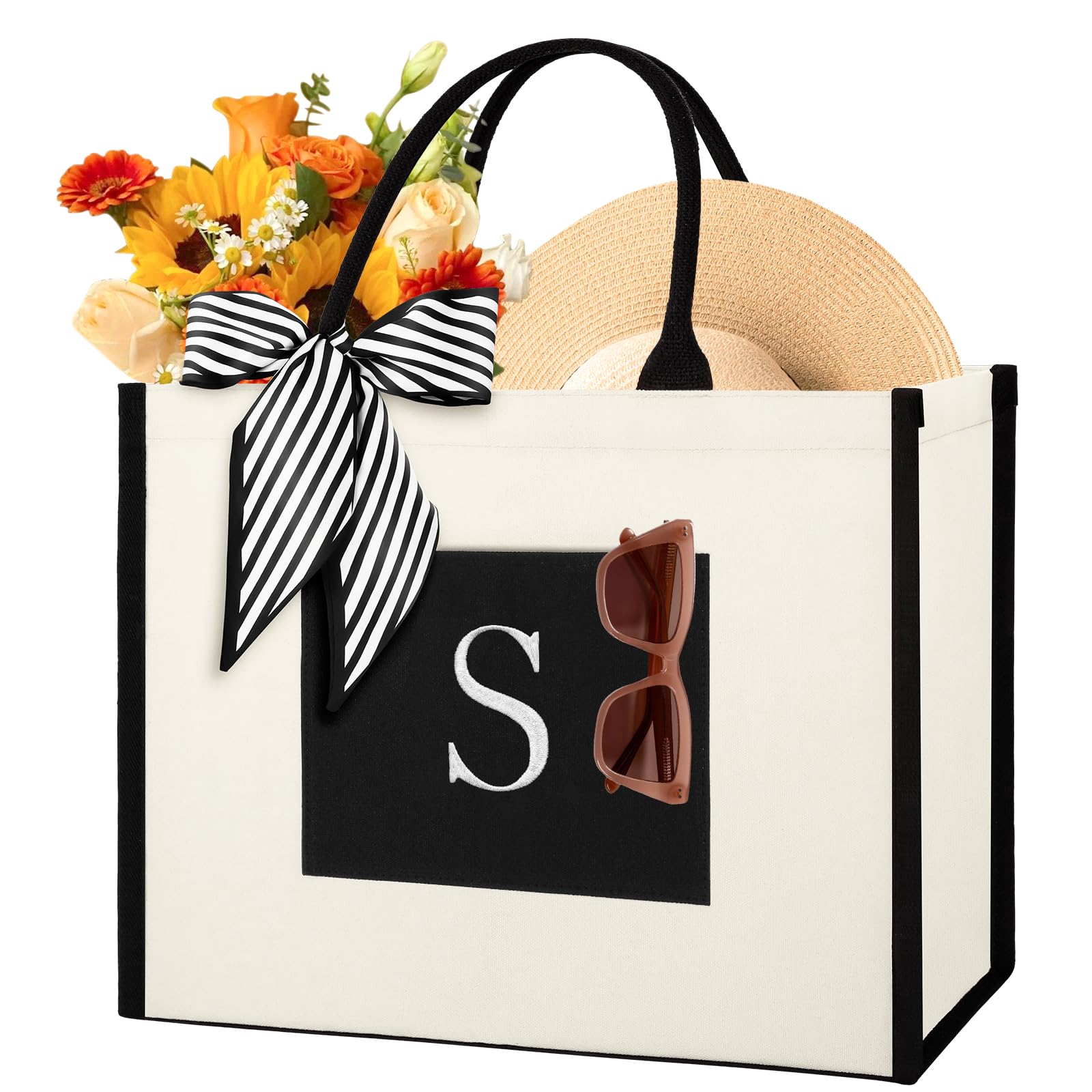 Bagstash Personalized Initial Canvas Tote Bag, Monogrammed Beach Tote Bag for Women, Birthday Gifts for Women, Bride, Holiday