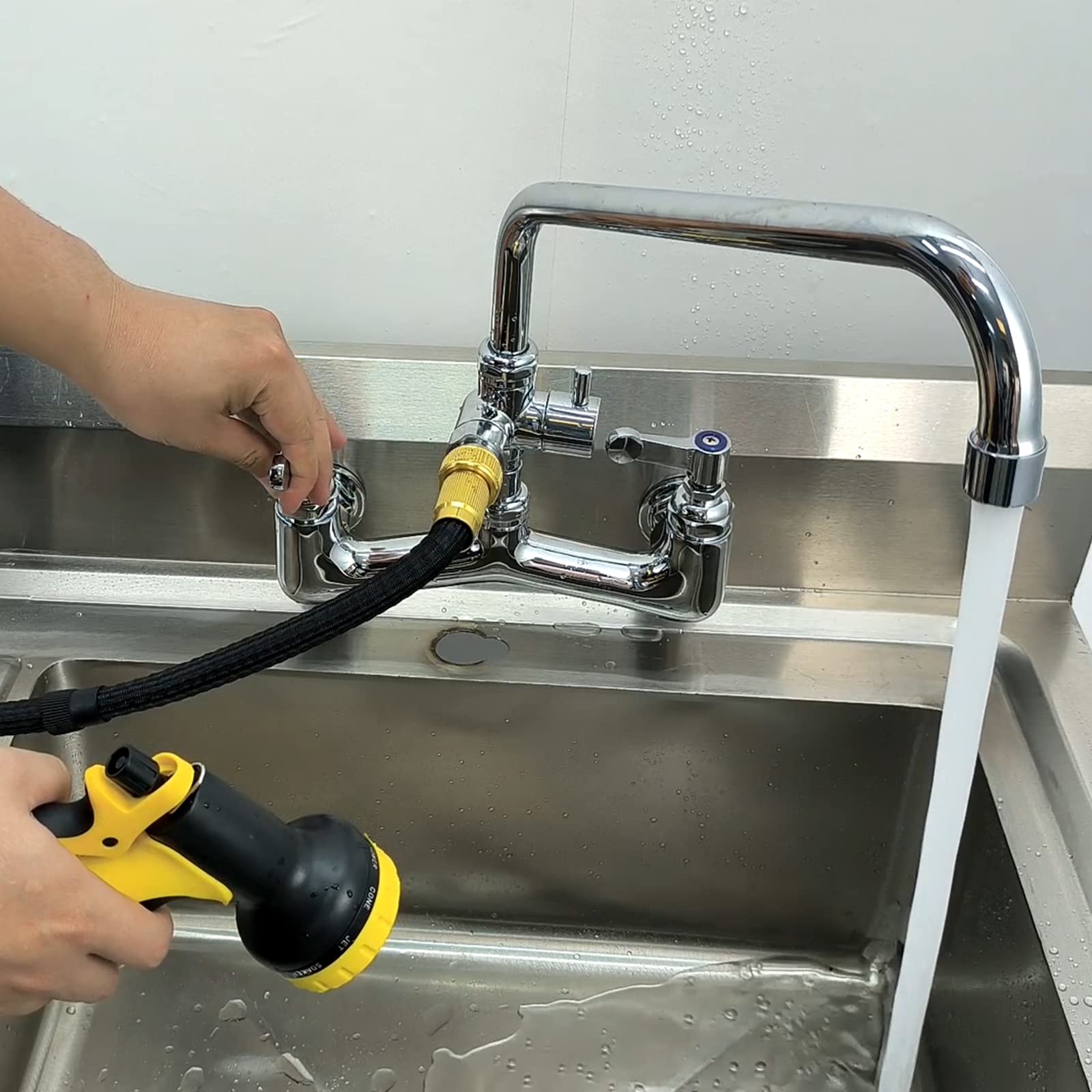 MaxSen Commercial Sink Faucet Wall Mount 8 Inch Adjustable Center with 3/4'' Gargen Hose End,Commercial Kitchen Faucet with 12" Swivel Spout fit for 1,2,3 Restraurant Compartment Sink.