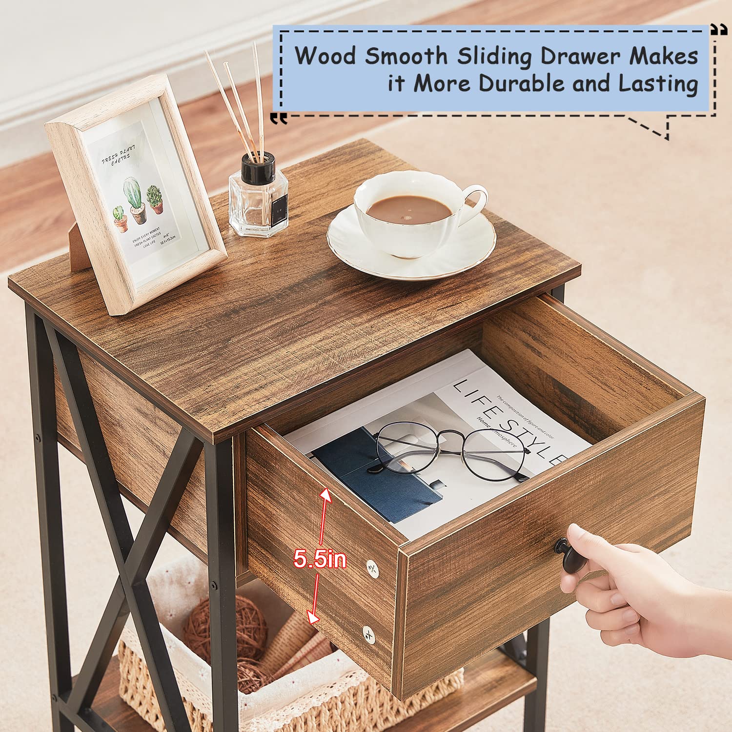 VECELO Night Stands for Bedroom Nightstand Bedside End Tables with Drawer Storage, (Set of 2), Rustic Brown