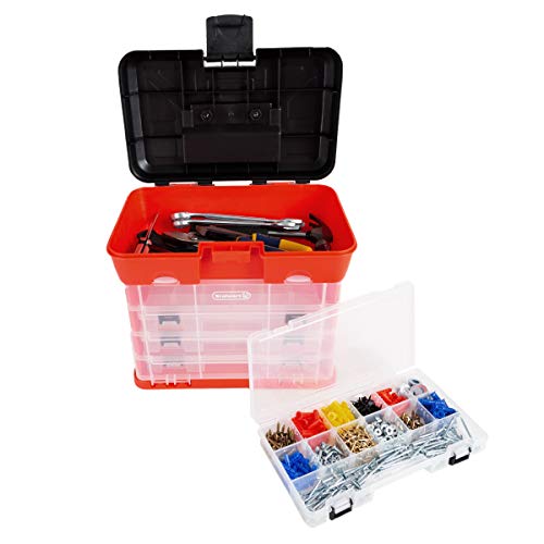 Storage Tool Box - Portable Multipurpose Organizer With Main Top Compartment and 4 Removable Multi-Compartment Trays by Stalwart,Red,11 in x 7 in x 10 in