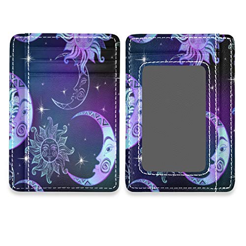 Linomo Thin leather Card Holder and Money Clip Galaxy Sun Moon Star Wallet RFID Blocking for Men & Women