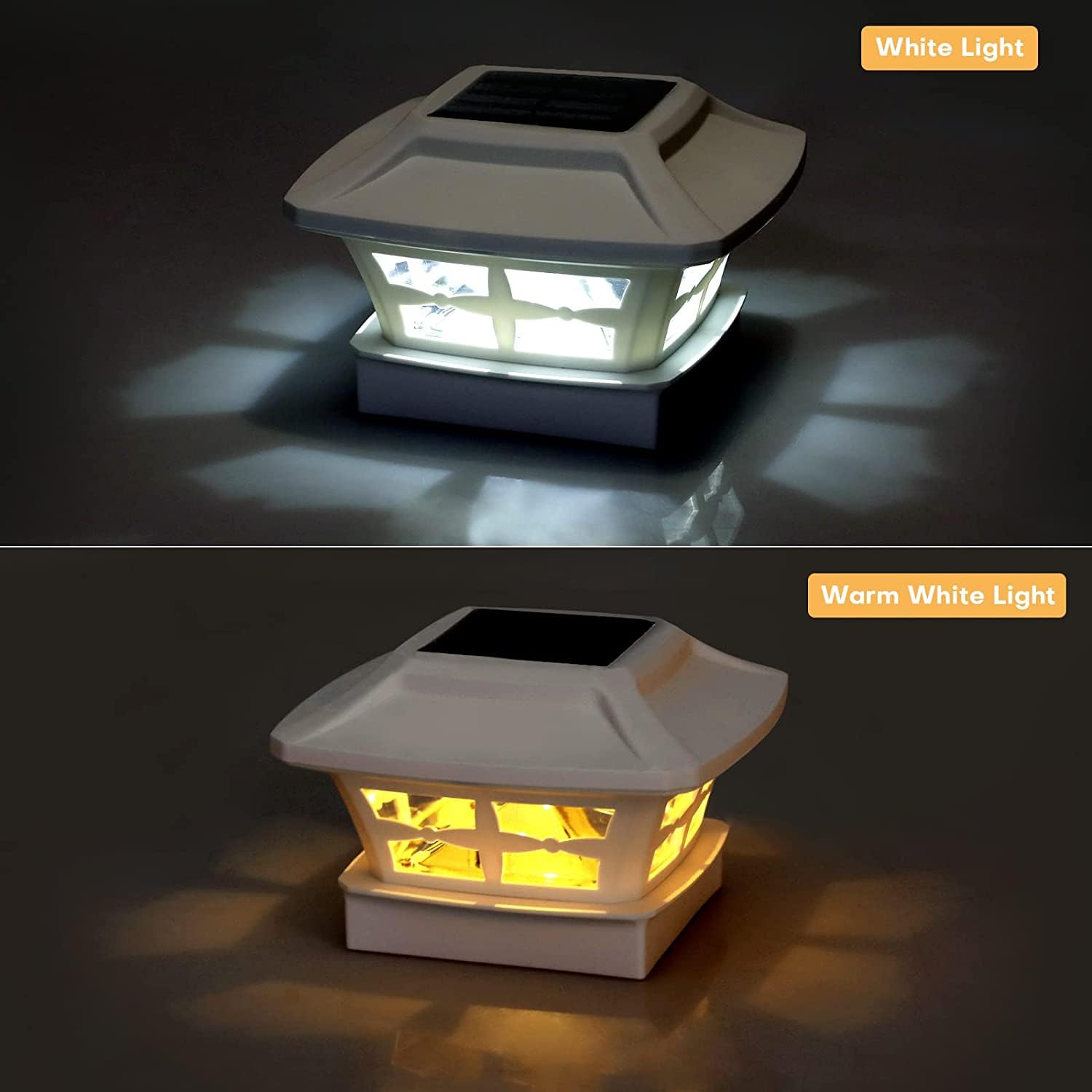 LamQee White Solar Post Caps Solar Post Lights Outdoor Waterproof Warm/Cool White 2 Modes Post Cap Lights for Deck Solar Powered Led Post Cap for Vinyl Fence Post Solar Lights 4X4 8 Packs