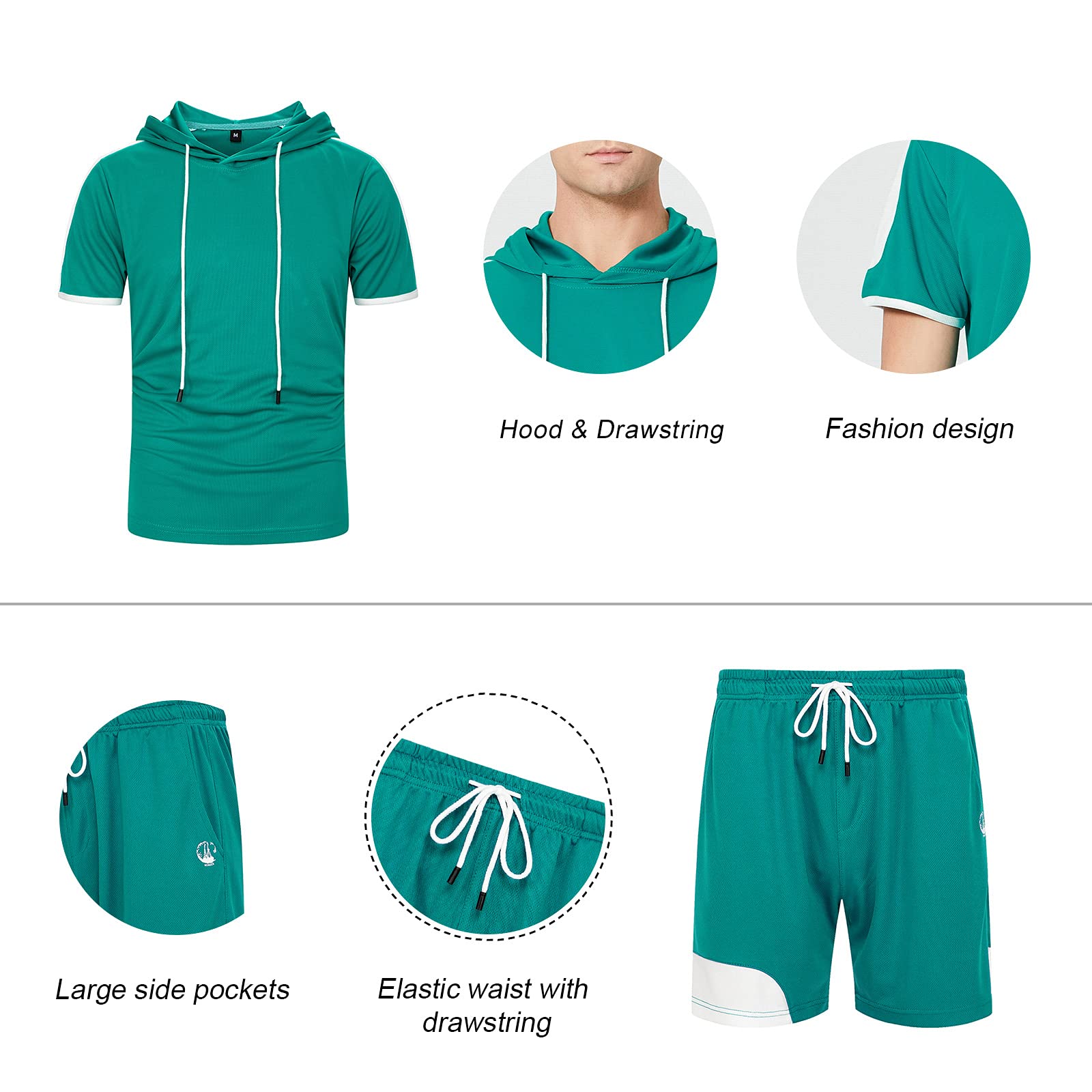 AOTORR Men's Hooded Athletic Tracksuit Set Short Sleeve Running Jogging Athletic Sweat Suits for Summer Green L