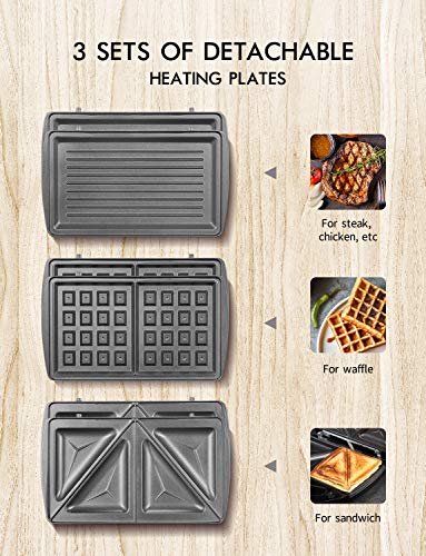 Yabano Sandwich Maker, Waffle Maker, Toaster and Electric Panini Press Grill with Non-stick Coating Plate, Easy to Clean, Heating Up Fast, Black