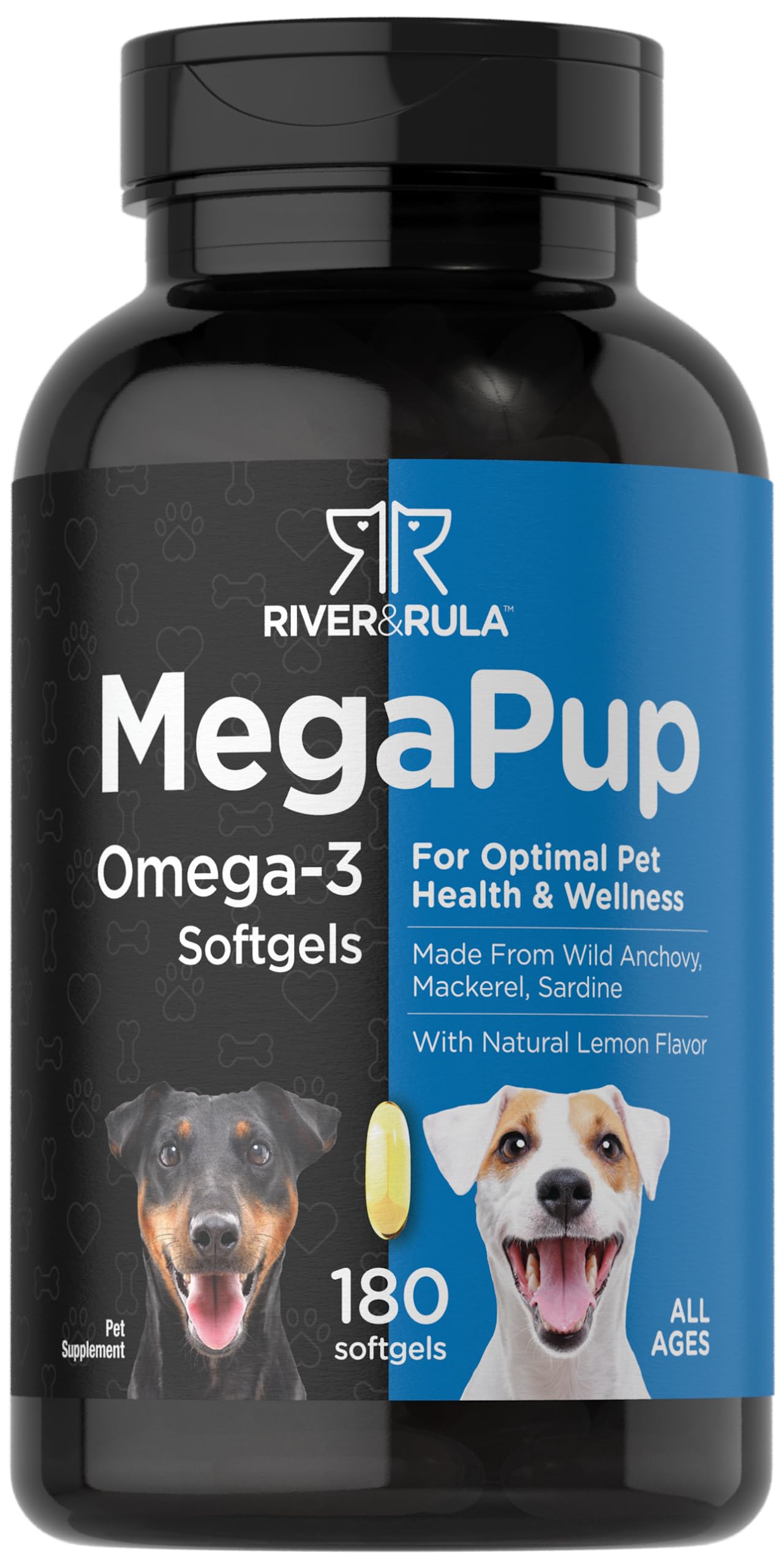 Horbäach Omega 3 Fish Oil for Dogs | 180 Softgels | Mega Pup for Optimal Pet Health & Wellness | Lemon Flavor | Non-GMO, Gluten Free Supplement | by River & RULA