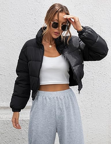 Gihuo Womens Cropped Quilted Puffer Jacket Lightweight Padded Coat Warm Puffy Coat Zip UP Bubble Coats with Pockets(Black-S)