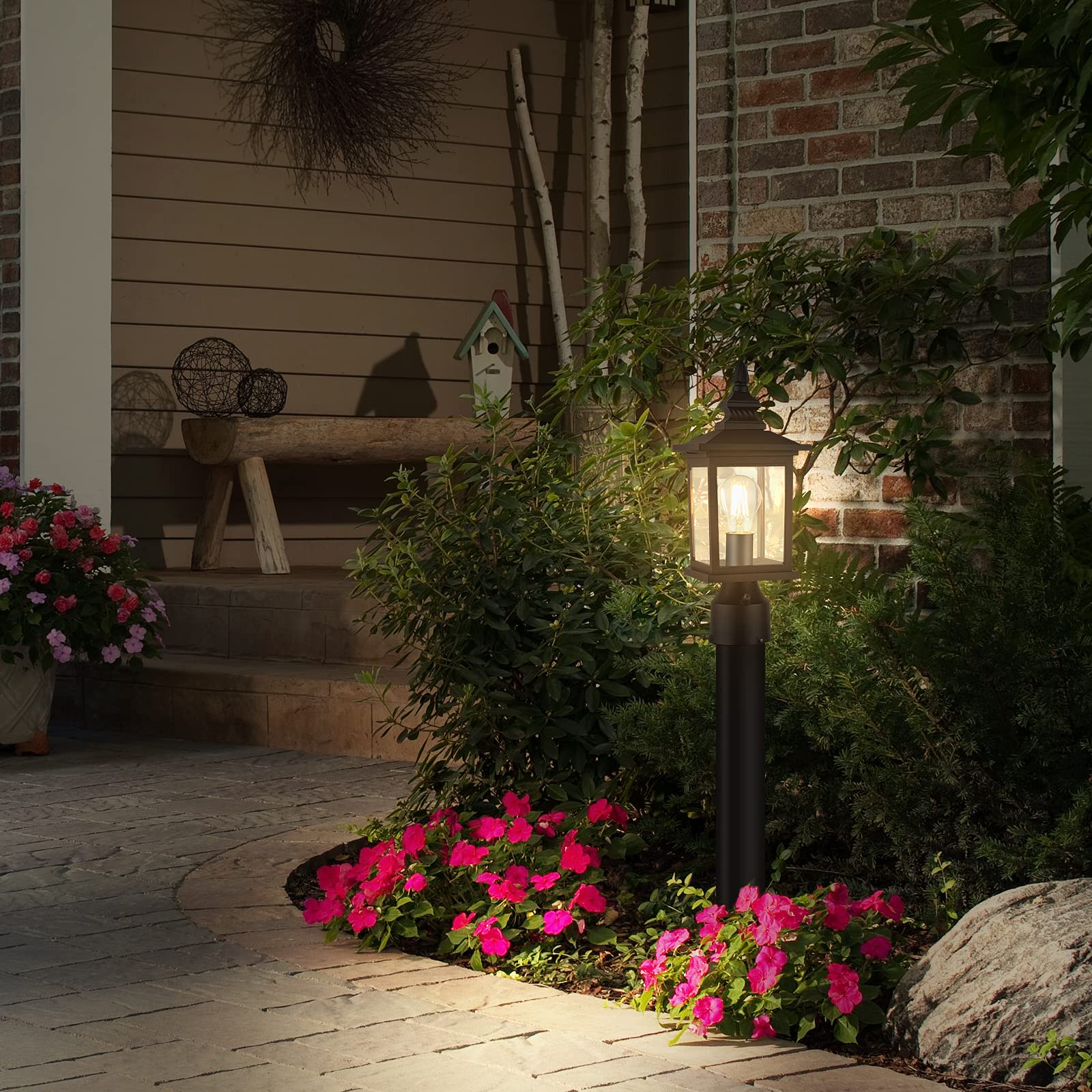 PARTPHONER Dusk to Dawn Outdoor Post Lights with Pier Mount Base, Waterproof Outside Pole Lantern Light Fixture, Exterior Lamp Post Lantern Head with Clear Glass Panels for Garden Patio, 2 Pack
