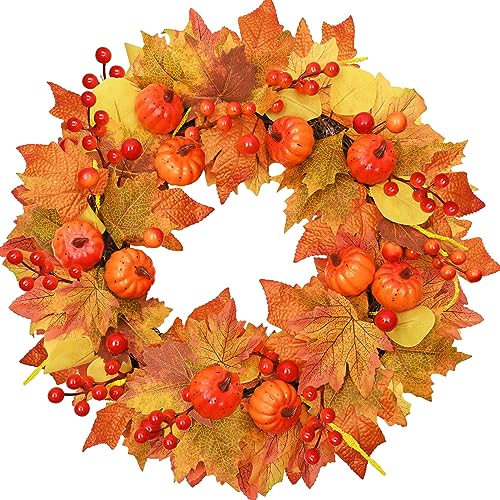 Fall Decor - Fall Wreaths for Front Door, 18" Fall Wreath with Fall Leafs Pumpkins Berry - Fall Decorations for Home Autumn Wreath Decor for Front Door