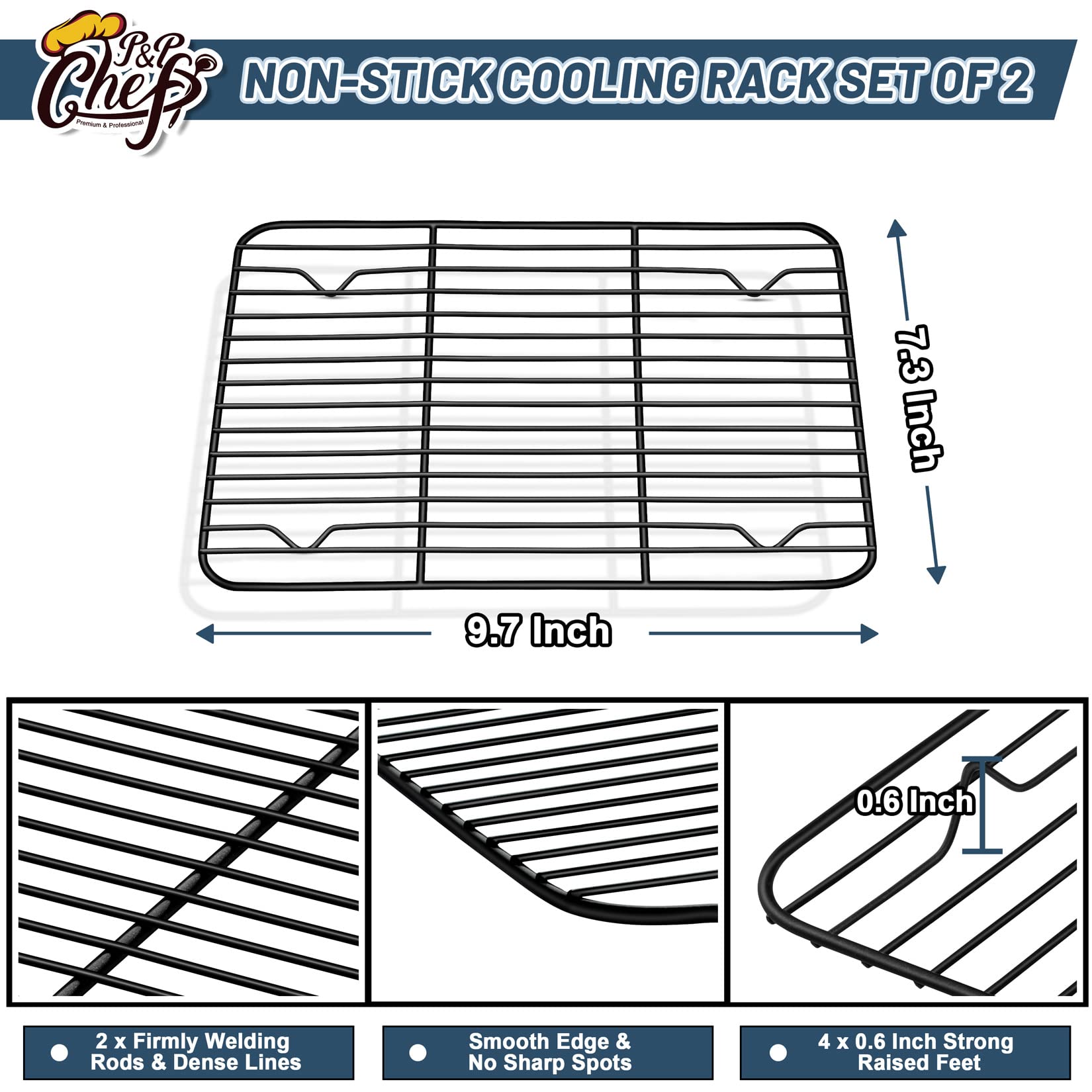Cooling Rack Set of 2, P&P CHEF Non-stick Small Baking Racks for Cooking Grilling, 2 Pack 9.7β x 7.3β Drying Rack, Fit in Mini Toaster Oven, Stainless Steel Core & Dense Lines, Easy to Clean