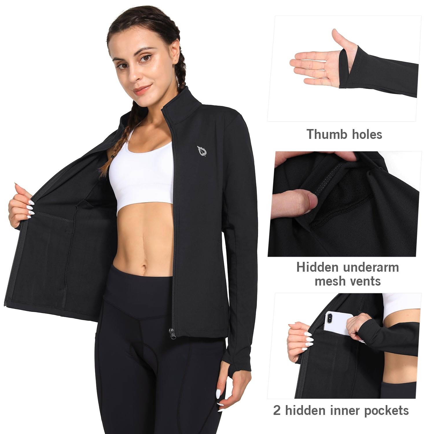 BALEAF Women's Fleece Running Jacket Water Resistant Full Zip Winter Cold Weather Gear Thermal Cycling Workout Jackets Black XL