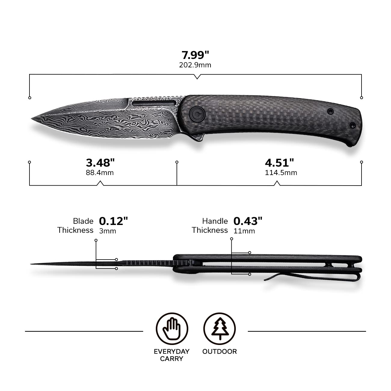 CIVIVI Cetos Folding Knife, 3.48-in Damascus Blade Spear Point with Twill Carbon Fiber Scale Flipper Knife Frame Lock, Pocket EDC Outdoor Knives for Camping, Hiking, Hunting C21025B-DS1
