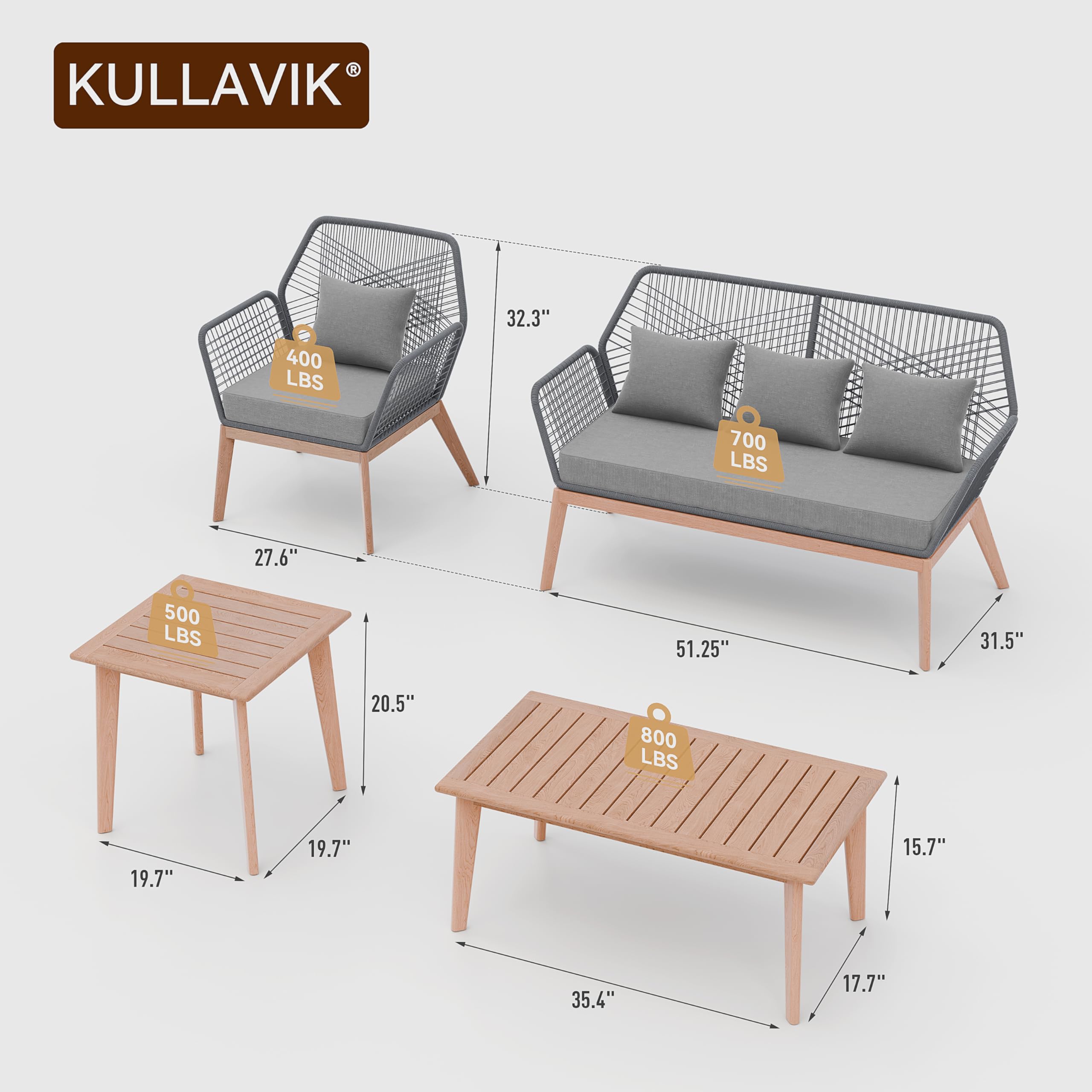 Kullavik Outdoor Patio Furniture Set,5 Pieces Indoor Rope Woven Sectional Sofa Set Modern Oak Patio Conversation Sets with Wooden Table for Balcony,Porch or Backyard,Grey