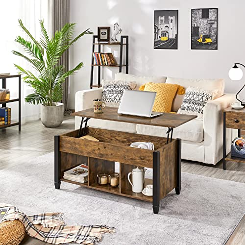 Yaheetech Lift Top Coffee Table with Hidden Compartment & Shelf, Lift Tabletop Dining/Center Table for Living Room Reception, Rustic Brown, 41inch L