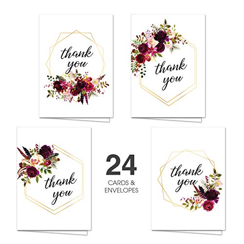 Fall Floral Thank You Notes / 24 Appreciation Cards And White Envelopes / 4 Thanks Flower Frame Note Card Designs / 3 1/2" x 4 7/8" Thank You Greeting Cards/Made In The USA