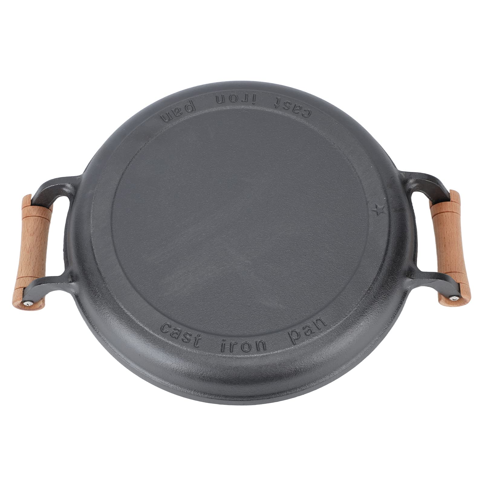 Depurate Round Cast Iron BBQ Grill Pan Dual Wooden Handles Steak Frying Meats Roasting Skillets Gatherings (33cm/12.99in)