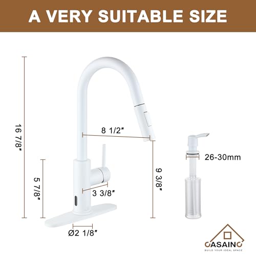 CASAINC Kitchen Faucet with Pull Down Sprayer Matte White, 1.8 gpm 16.89in H Touchless Motion Sensor Single Handle Kitchen Sink Faucet, Lead-Free Copper for Bar Laundry Kitchen Sink