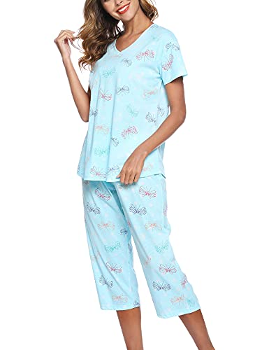 ENJOYNIGHT Women's Sleepwear Tops with Capri Pants Pajama Sets(X-Large,Flyyying)