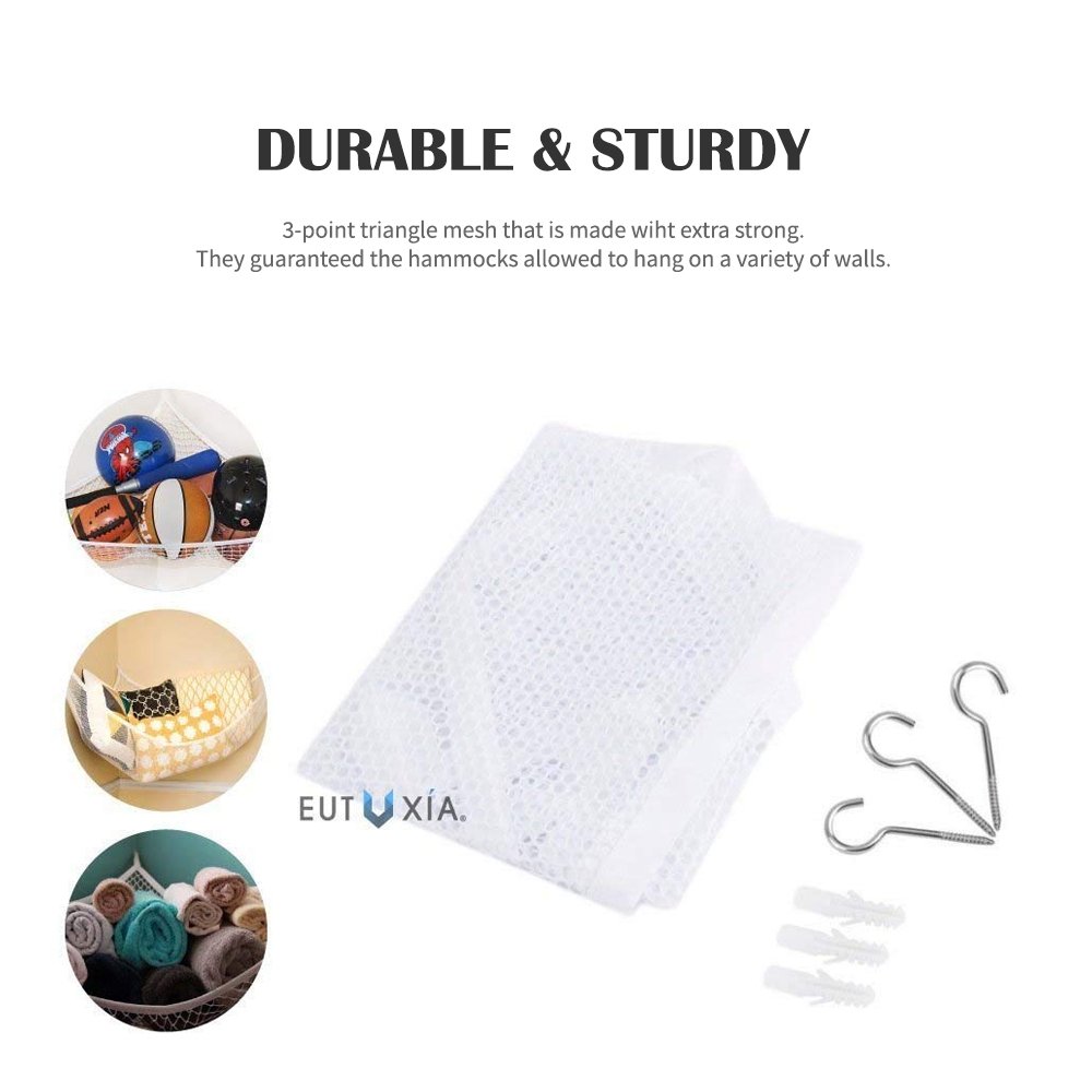 Eutuxia Toy Storage Hammock + Hooks Bundle. Large Organizer for Stuffed Animals, Balls, Toys, Etc. Great Way to Organize Kids & Children's Rooms, Bathrooms. Secure Mesh Net with Strong Adhesive Hooks.