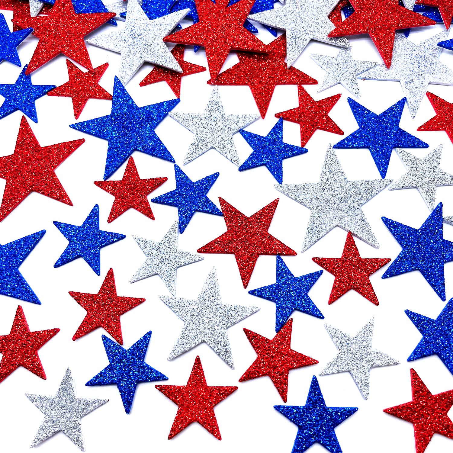 TKEJZu 200 Pcs Patriotic Foam Stickers Glitter Star Stickers Self-Adhesive Star Shaped Wall Stickers for 4th of July Decor Kid's Arts Craft Supplies Greeting Cards Homemade Crafts Red Blue Silver