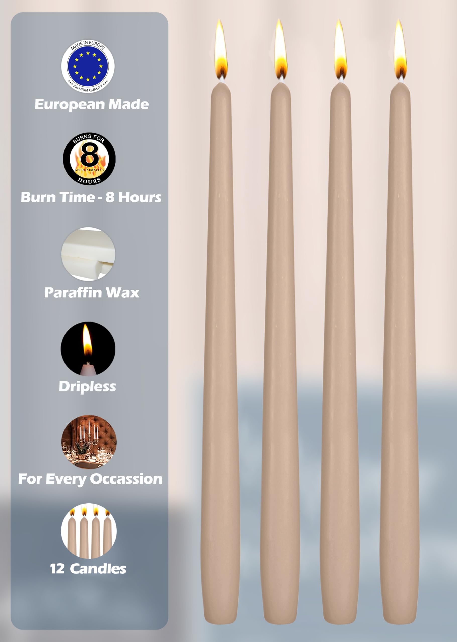 Hyoola 12 Pack Tall Taper Candles - 10 Inch Sahara Beige Dripless, Unscented Dinner Candle - Paraffin Wax with Cotton Wicks - 8 Hour Burn Time