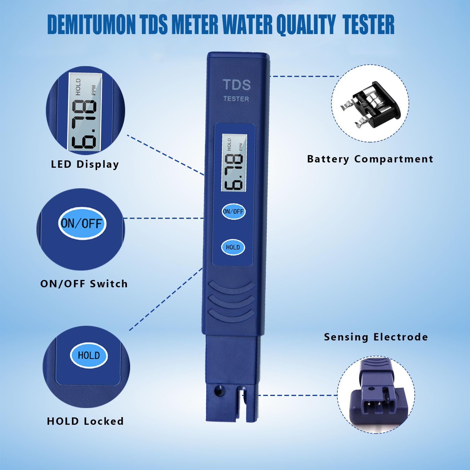 DEMITUMON TDS Meter Digital Water Test,Electronic Water Test with 0-9999 PPM Measurement Range for Household Drinking Aquariums,Pools,Hydroponic,Hand Held,Quick Read,Blue
