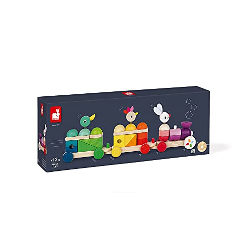 Janod Zigolos Giant 31 Piece Multicolor Wood Pull-Along Train and Stacker β Ages 1+ - J08202