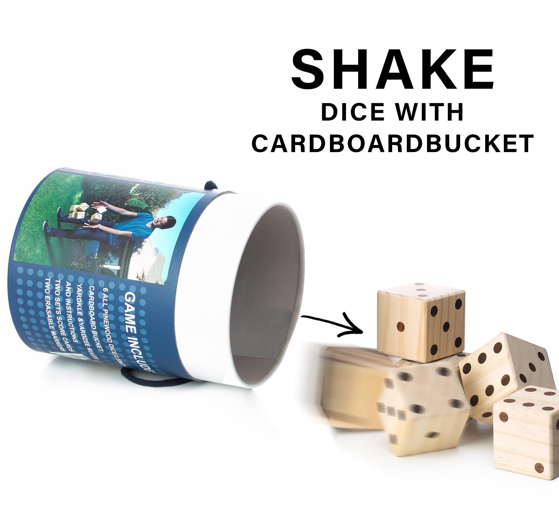 Large Wooden Yard Dice Set of 6 with Two Games and Cardboard Bucket